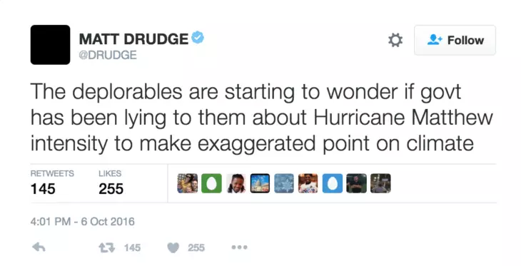 Rush Limbaugh และ Matt Drudge คิดว่า Hurricane Matthew เป็นการสมรู้ร่วมคิดแบบเสรีนิยม (ไม่ใช่) 17258_1